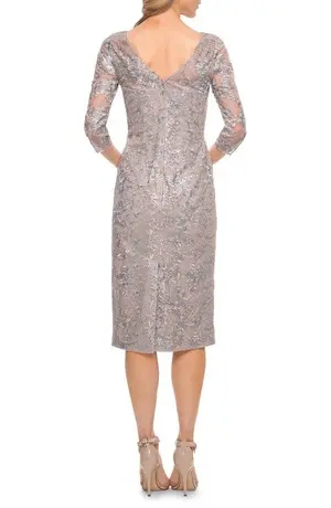 La Femme Metallic Lace Sheath Dress - Silver/mauve
