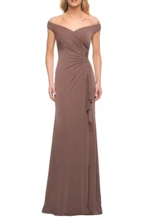 LABOMME Off The Shoulder Ruched Jersey Gown - Cocoa