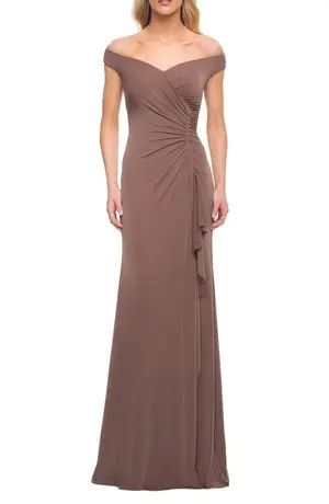 La Femme Off-the-shoulder Ruched Jersey Gown - Cocoa
