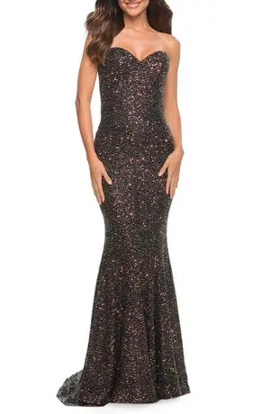 La Femme Strapless Sequin Gown - Black
