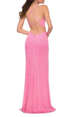 La Femme Sequin Gown With Plunging Side Slit And Open Back - Neon Pink