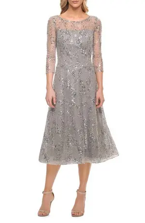 La Femme Sequined Cocktail Dress With Illusion Bodice - Silver