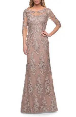 La Femme Floral Embroidered Sheer Overlay Column Gown - Champagne
