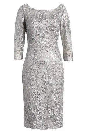La Femme Metallic Lace Boatneck Sheath Dress - Silver