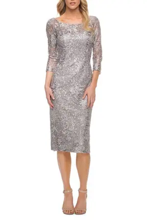 La Femme Metallic Lace Boatneck Sheath Dress - Silver