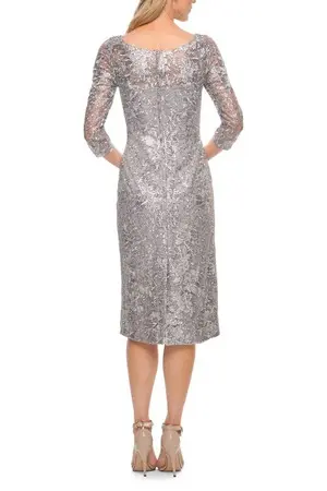 La Femme Metallic Lace Boatneck Sheath Dress - Silver
