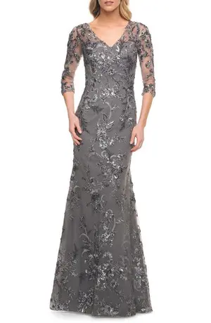 La Femme Beaded Lace Mermaid Gown - Gunmetal