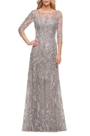 LABOMME Long Beaded Lace Evening Gown