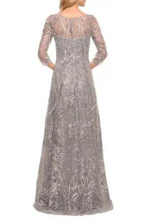 LABOMME Long Beaded Lace Evening Gown