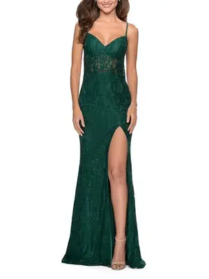 La Femme Strappy Back Lace Trumpet Gown - Emerald