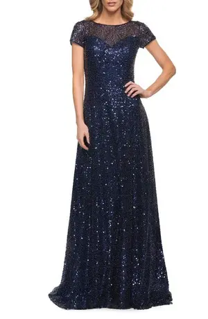 La Femme Embellished Illusion Mesh Column Gown - Navy