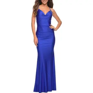 La Femme Embellished Strappy Back Trumpet Gown - Royal Blue