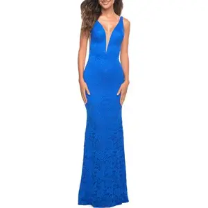 La Femme Illusion Inset Lace Gown - Royal Blue