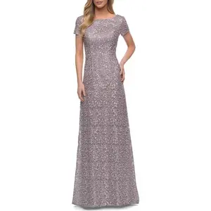 La Femme Embroidered Lace Column Gown - Dark Mauve