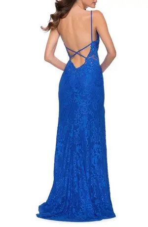 La Femme Stretch Lace Gown With Plunging Neckline And Open Back - Royal Blue