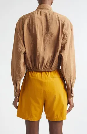 Saint Laurent Gathered Taffeta Tie Neck Top - Caramel