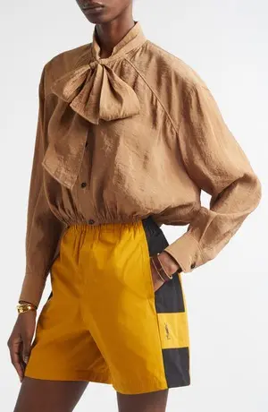 Saint Laurent Gathered Taffeta Tie Neck Top - Caramel