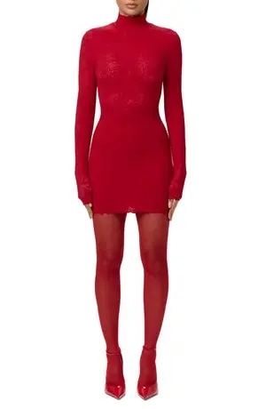 Naked Wardrobe Scalloped Long Sleeve Lace Minidress - Ruby Red