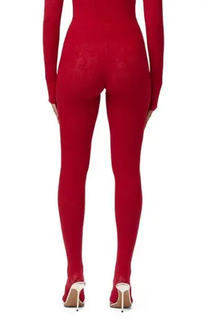 Naked Wardrobe Closed Toe Semisheer Lace Leggings - Ruby Red