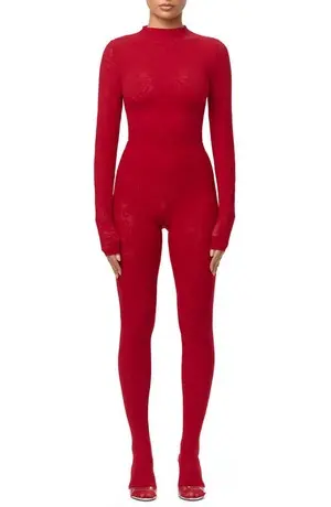Naked Wardrobe Closed Toe Semisheer Lace Leggings - Ruby Red