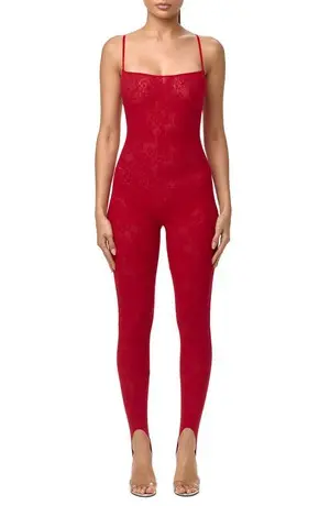 Naked Wardrobe Lace Stretch Lace Stirrup Jumpsuit - Ruby Red
