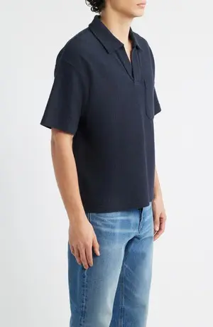 FRAME Textured Cotton Blend Polo - Dark Navy