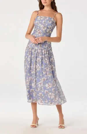 Astr The Label Ava Floral Drop Waist Midi Dress - Blue White Floral