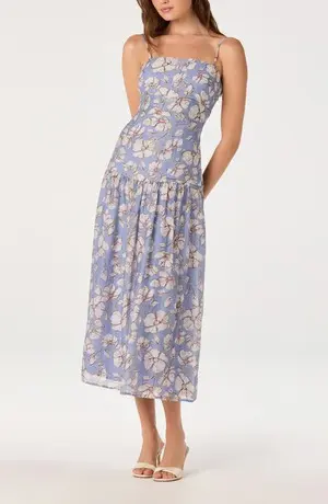 Astr The Label Ava Floral Drop Waist Midi Dress - Blue White Floral