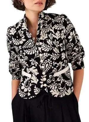Mint Velvet Jacquard Floral Cropped Jacket - Black