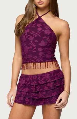 EDIKTED Keyla Floral Jacquard Beaded Fringe Halter Top - Plum