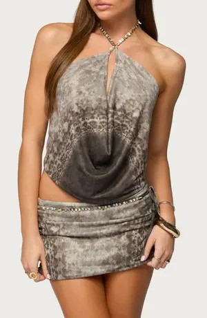 EDIKTED Teresa Printed Open Back Halter Top - Brown