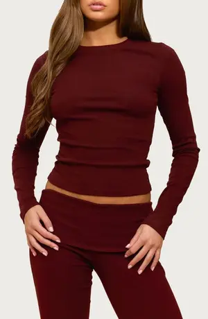 EDIKTED Ivanne Long Sleeve Stretch Cotton Top - Burgundy