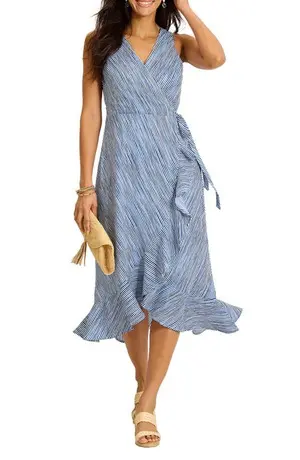 Tommy Bahama Striped Linen Wrap Midi Dress - Coastline