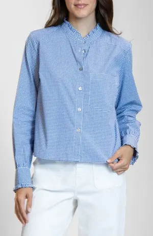 APNY Ruffle Detail Cotton Gingham Button-up Shirt - Cobalt Blue
