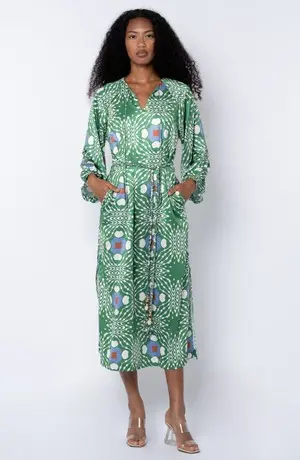 CIEBON Abstract Print Long Sleeve Satin Dress