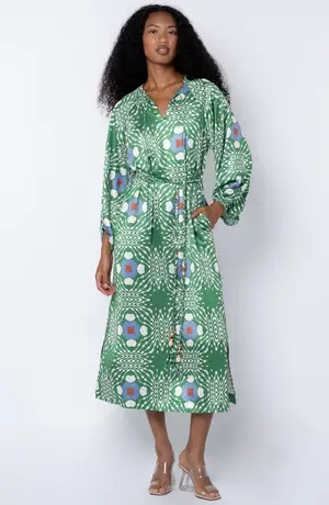 CIEBON Abstract Print Long Sleeve Satin Dress