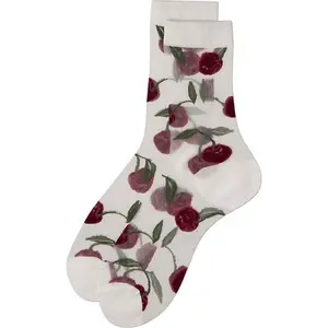MEMOI Cherry Sheer Crew Socks - White