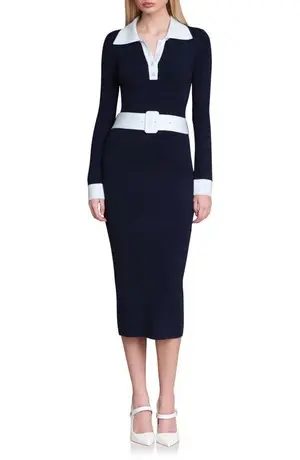 Avec Les Filles Long Sleeve Polo Dress - Navy Colorblock