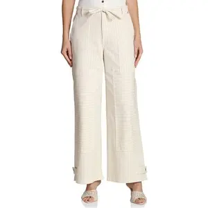 Avec Les Filles Tie Waist Patchwork Wide Leg Pants - Beige - White Stripe