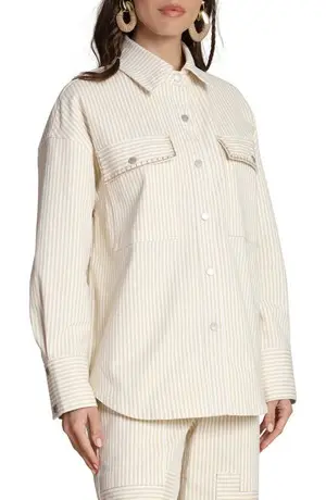Avec Les Filles Striped Stretch Cotton Shirt Jacket - Beige - White Stripe