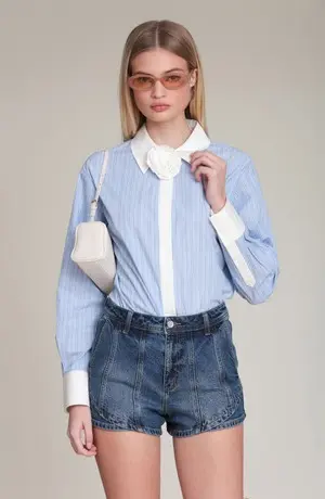 Avec Les Filles Striped Cotton Shirt With Applique