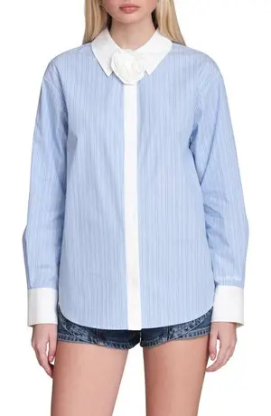 Avec Les Filles Striped Cotton Shirt With Applique - Blue-white Stripe Multi