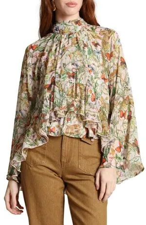 Avec Les Filles Mixed Print Tie Neck Top