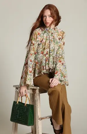Avec Les Filles Mixed Print Tie Neck Top