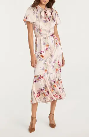 Cinq À Sept Iris Bouquet Willow Tie Neck Midi Dress - Oatmilk Multi