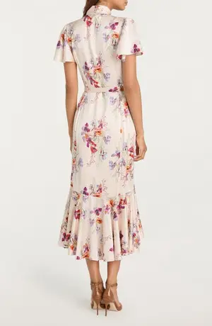 Cinq À Sept Iris Bouquet Willow Tie Neck Midi Dress - Oatmilk Multi