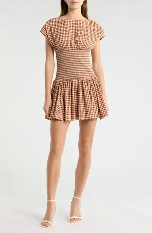 Avec Les Filles Smocked Bodice Check Mini Dress