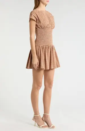 Avec Les Filles Smocked Bodice Check Mini Dress