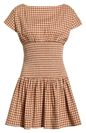 Avec Les Filles Smocked Bodice Check Mini Dress