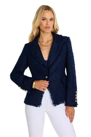 THE NOLI SHOP Giselle Single Breasted Tweed Blazer - Navy